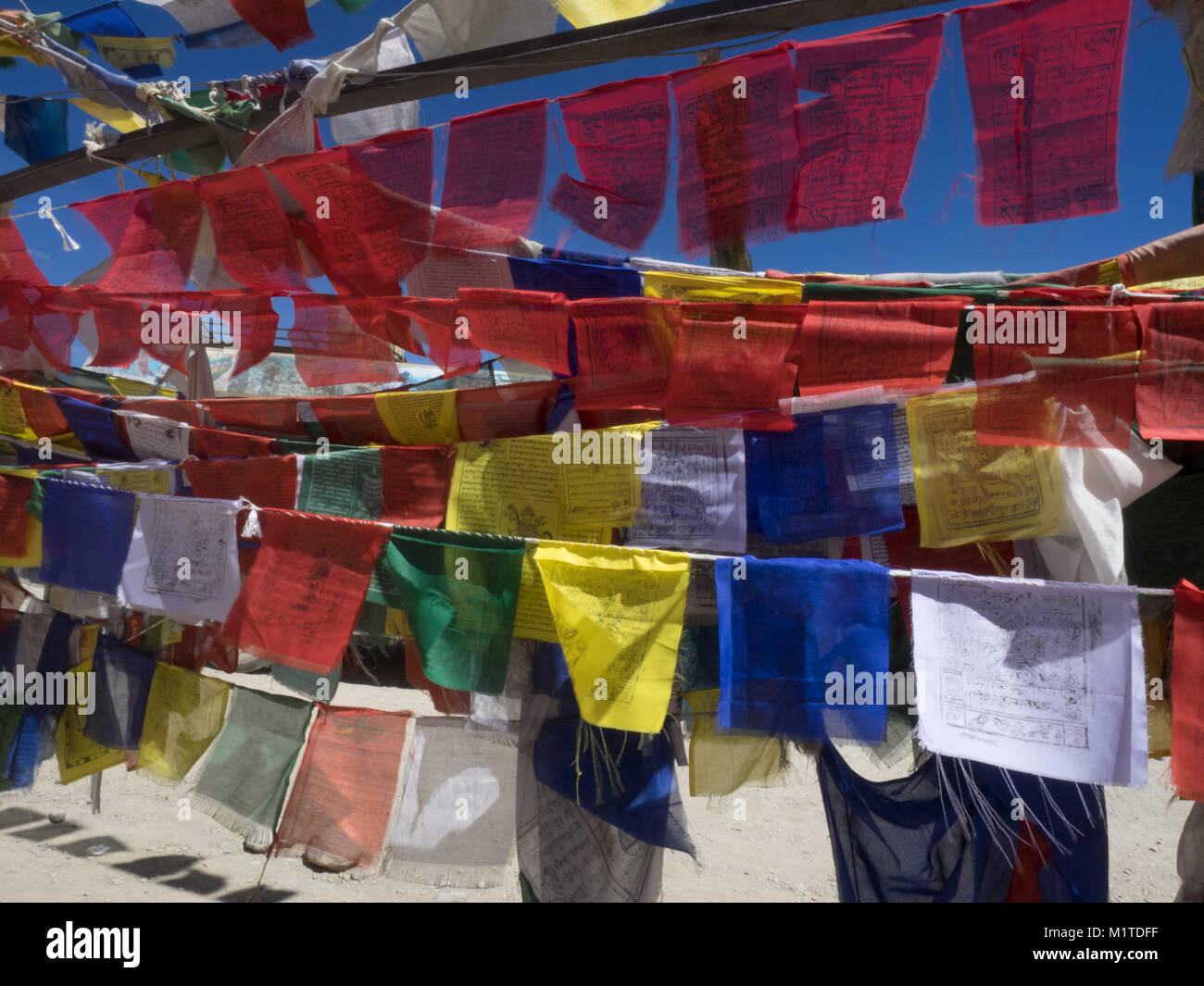 Buddhist prayer flags of bright red, blue, yellow and white with ...