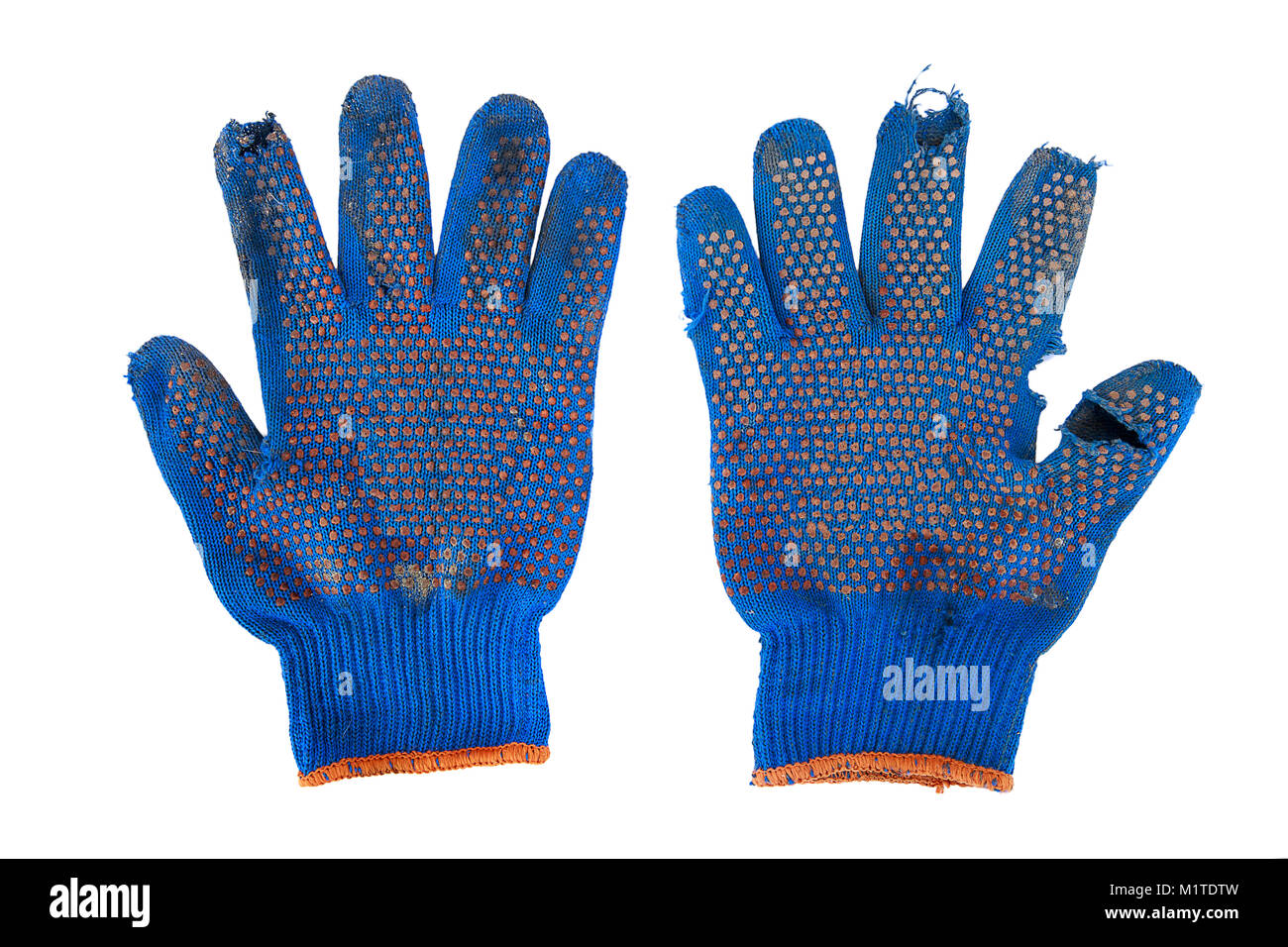 a pair of torn blue gloves on a white background Stock Photo - Alamy