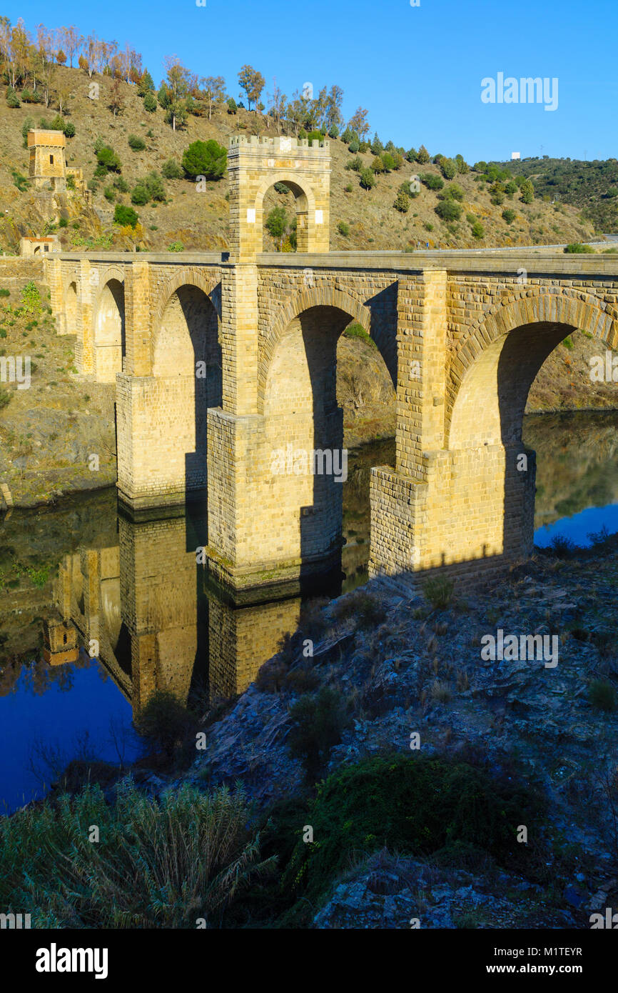 View of the Alcantara Bridge, a Roman stone arch bridge built over the ...