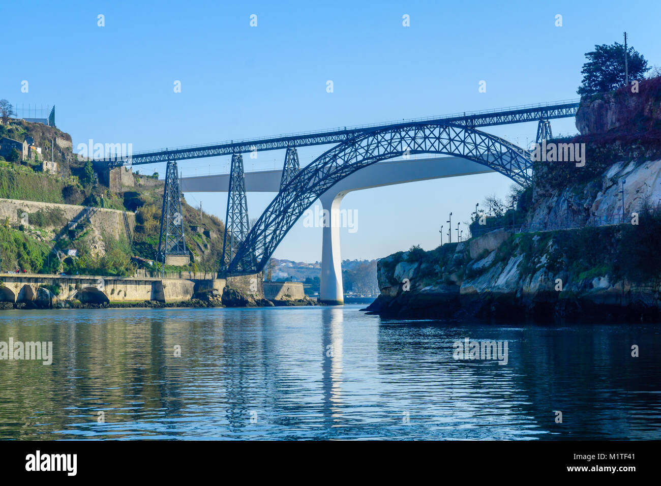 View of the Maria Pia Bridge and the Sao Joao bridge, and the Douro ...