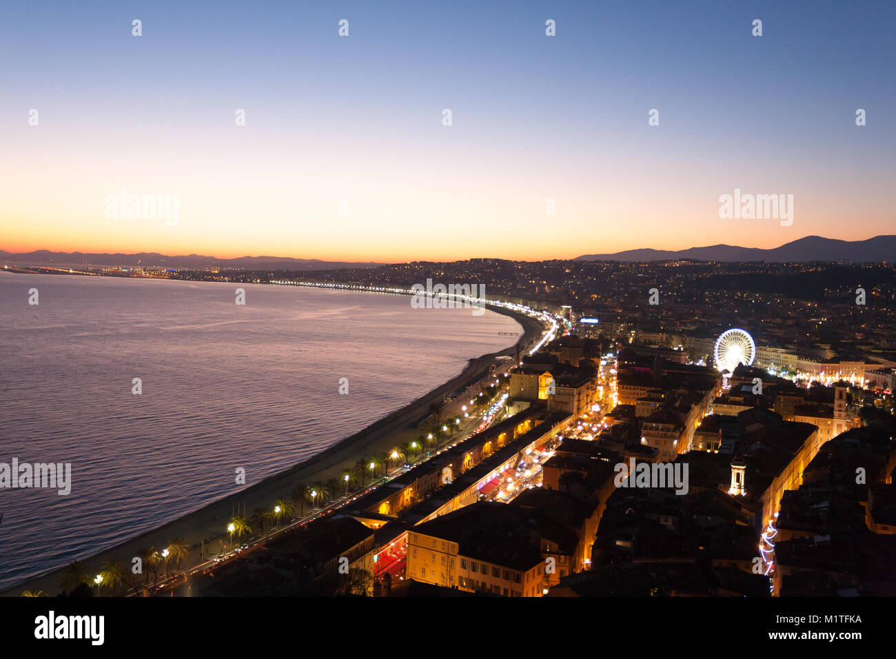 Nice beach night landscape, France. Nice beach and famous Walkway of ...