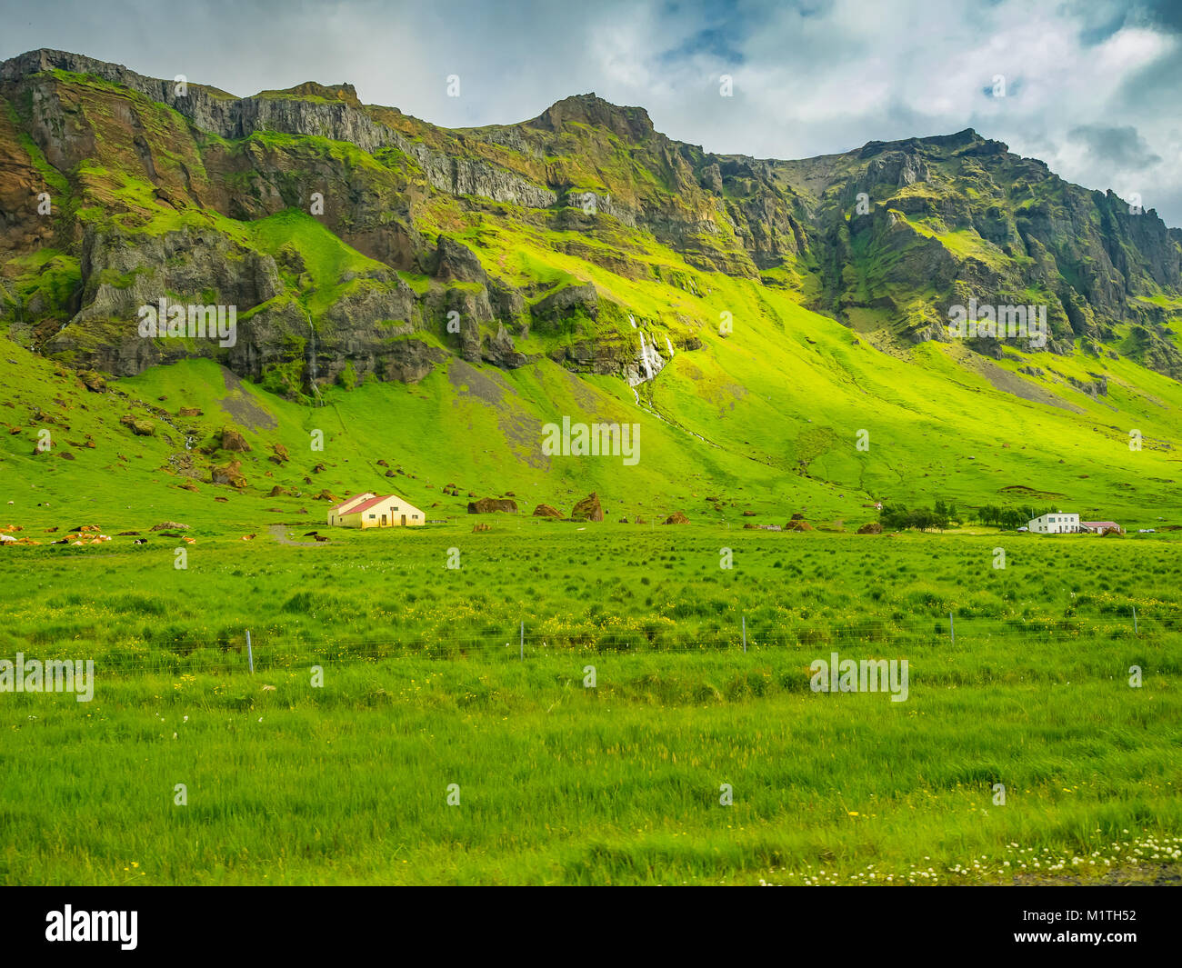 Typical icelandic summer landscape with mountain, waterfalls, green ...