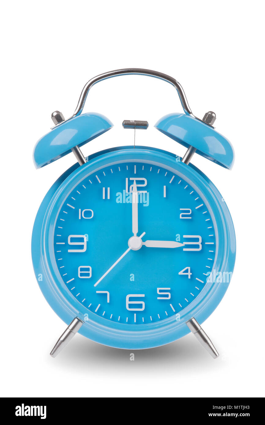 Blue alarm clock with the hands at 3 am or pm isolated on a white ...