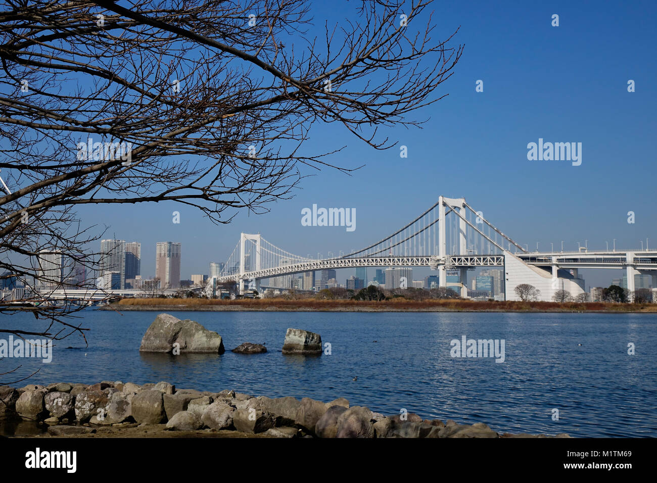 View of Rainbow Bridge on Tokyo Bay, Japan. Rainbow is a 798-meter ...