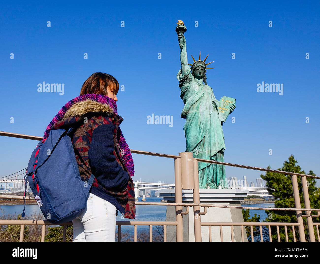 A young woman visit Statue of Liberty in Tokyo Bay, Japan Stock Photo ...