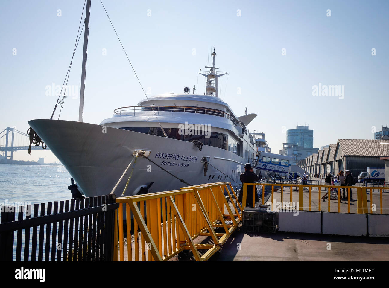Tokyo, Japan - Jan 4, 2016. A ferry docking at jetty on Tokyo Bay ...