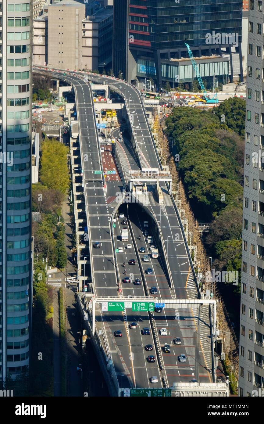 Tokyo, Japan - Jan 4, 2016. Aerial view of modern highway in Tokyo ...