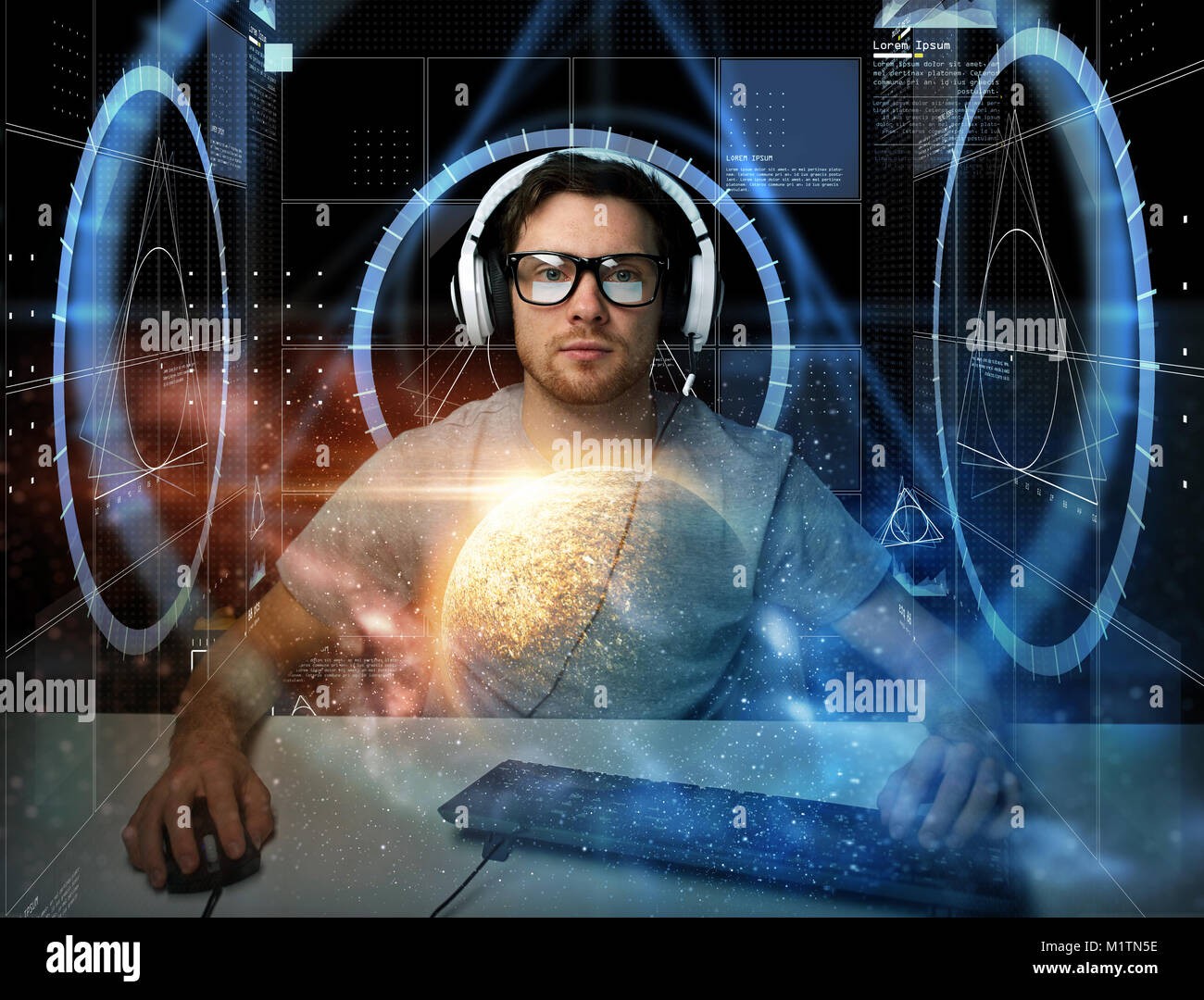 man in headset with computer virtual projections Stock Photo - Alamy
