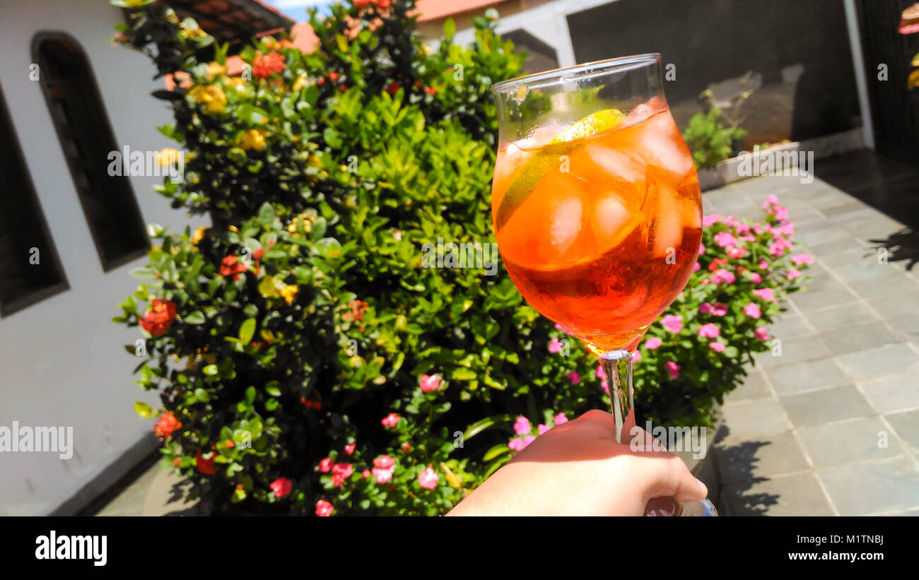 Aperol drink near a beautiful green tree Stock Photo - Alamy