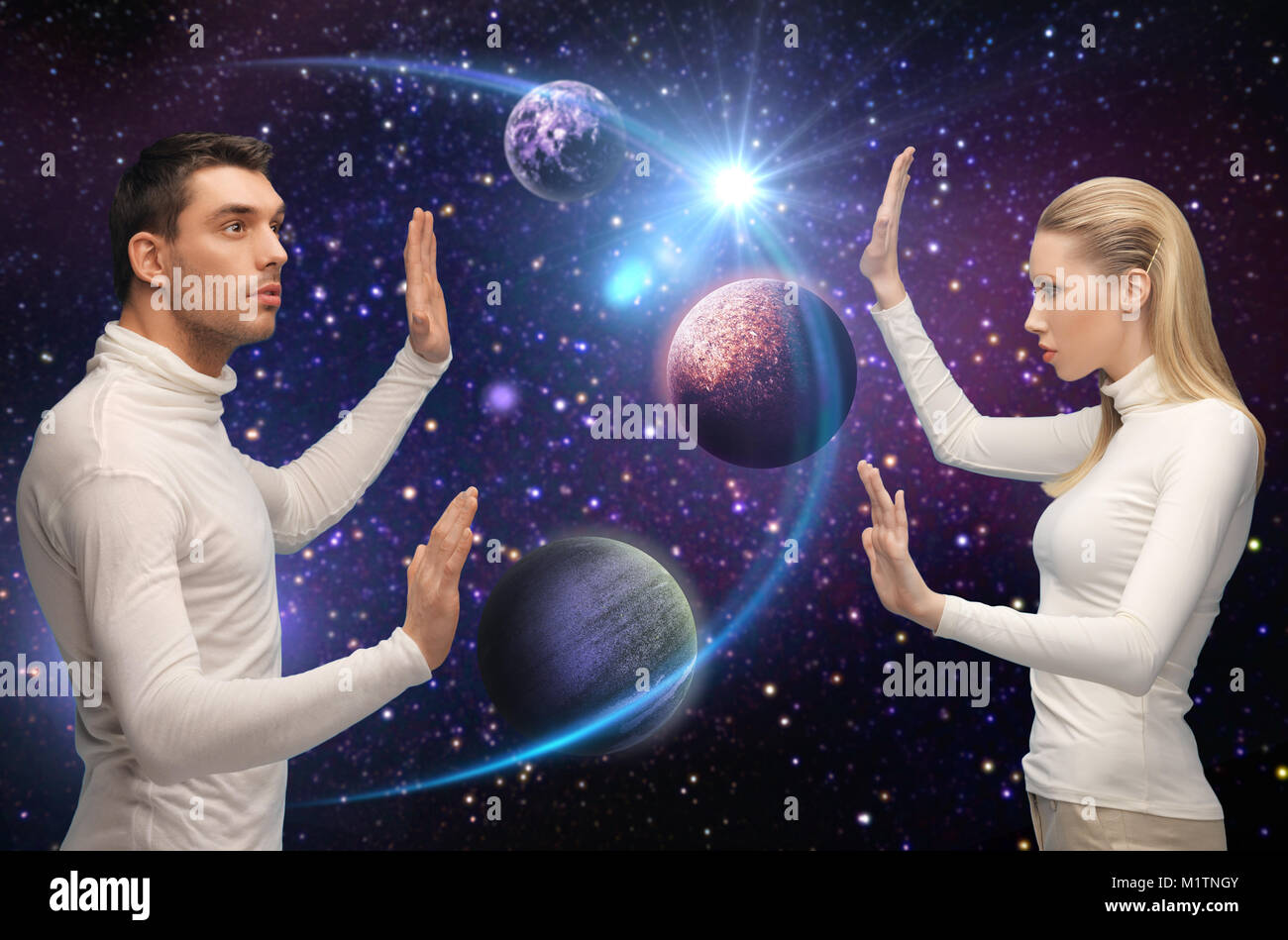 futuristic couple over planet and stars in space Stock Photo - Alamy