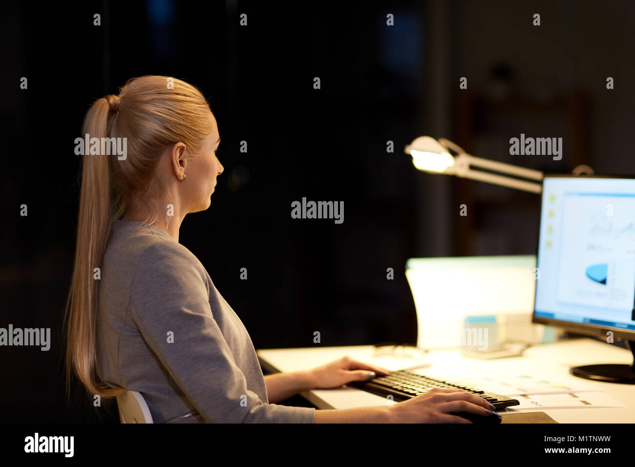 businesswoman at computer working at night office Stock Photo - Alamy