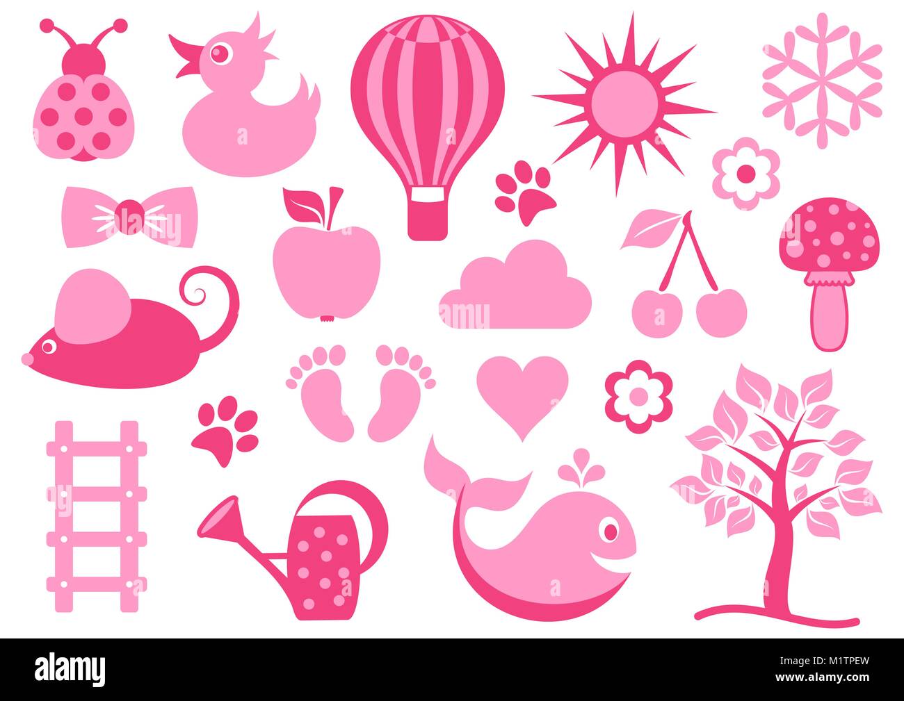 Cute pink baby icons collection on white background Stock Vector Image ...