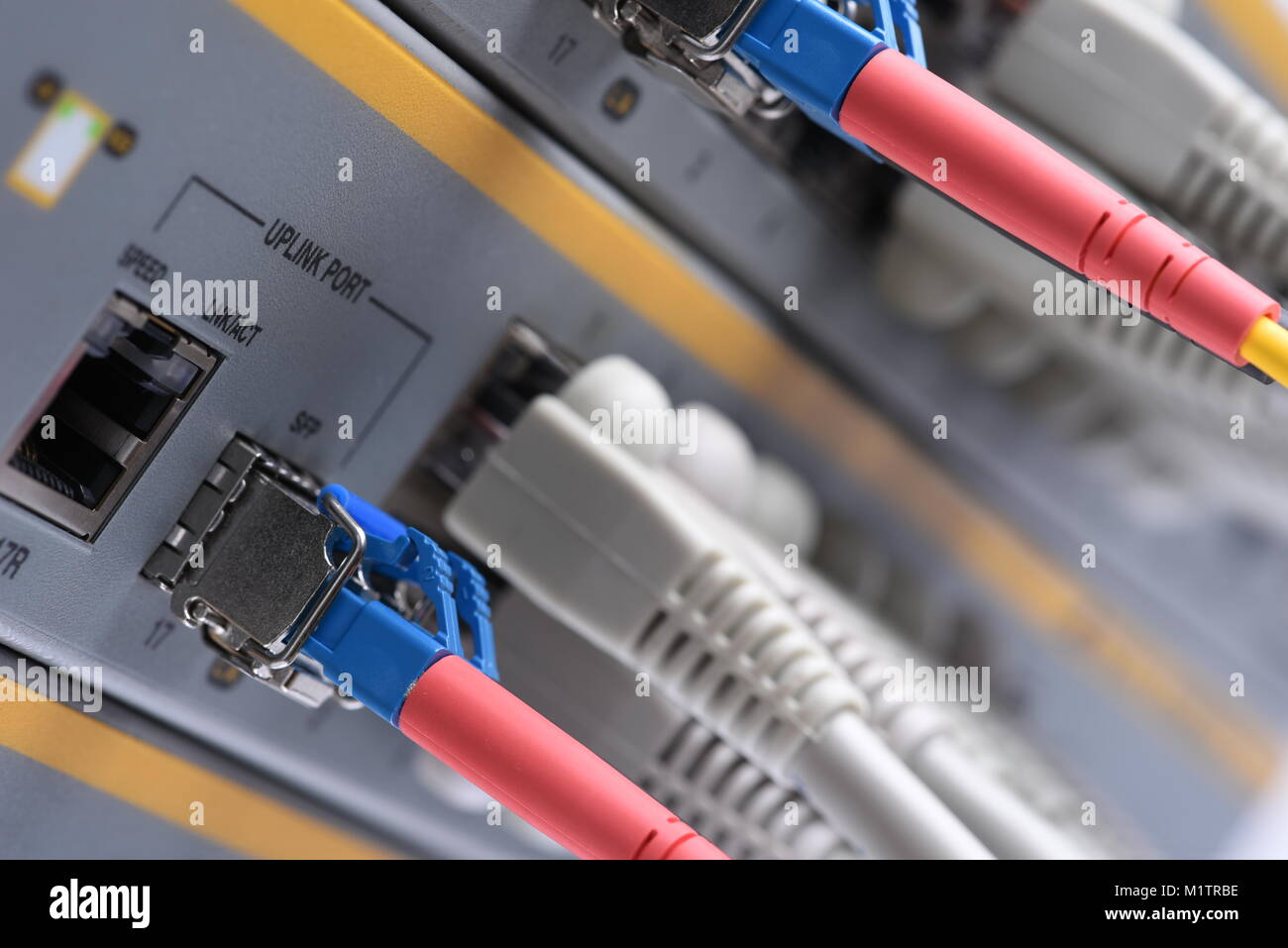 Ethernet network and fiber optic cable connected to internet switch ...
