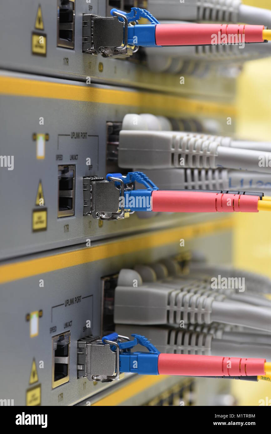 Ethernet network and fiber optic cable connected to internet switch ...