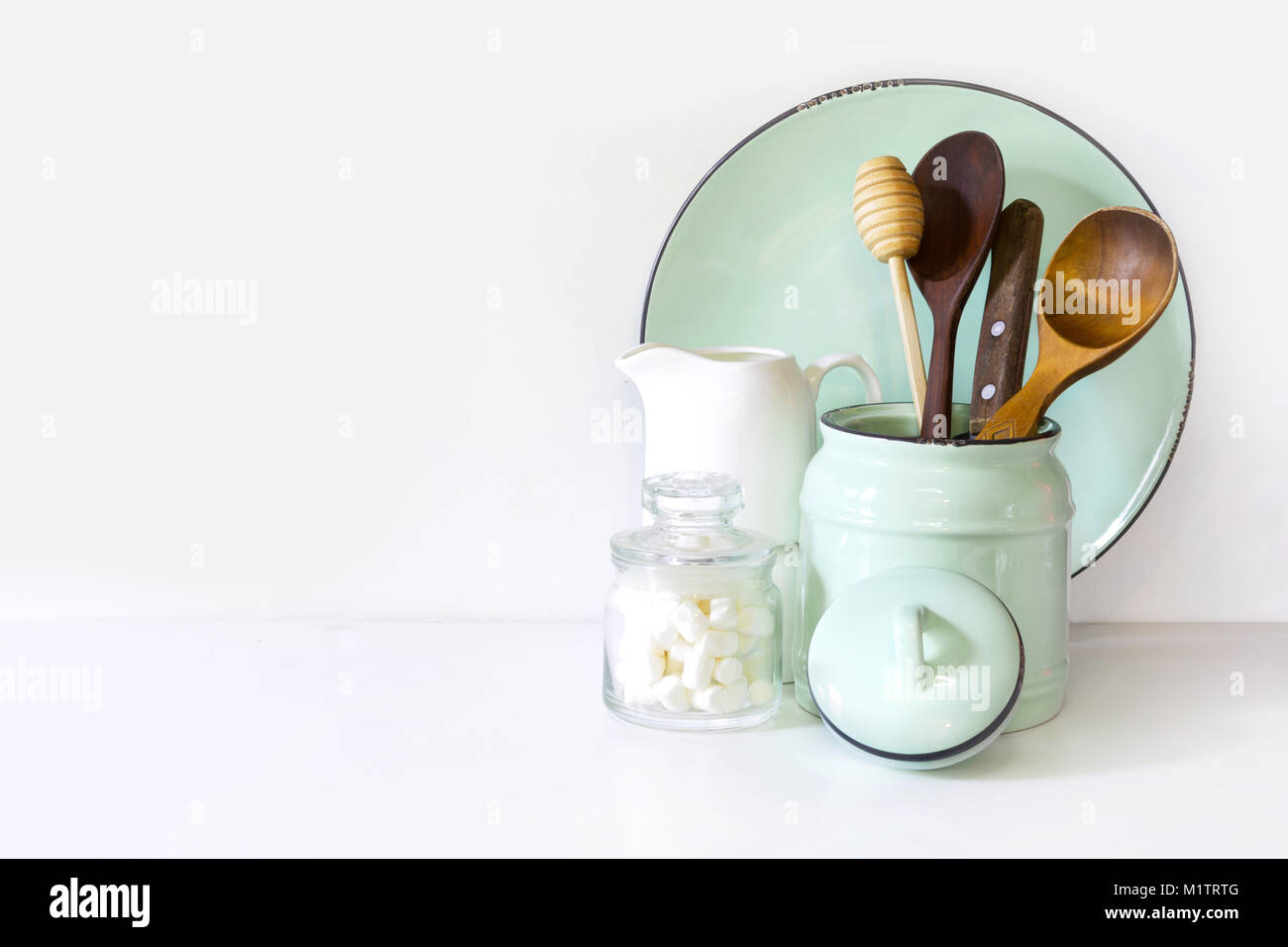 Crockery, tableware, utensils and other different white and turquoise ...