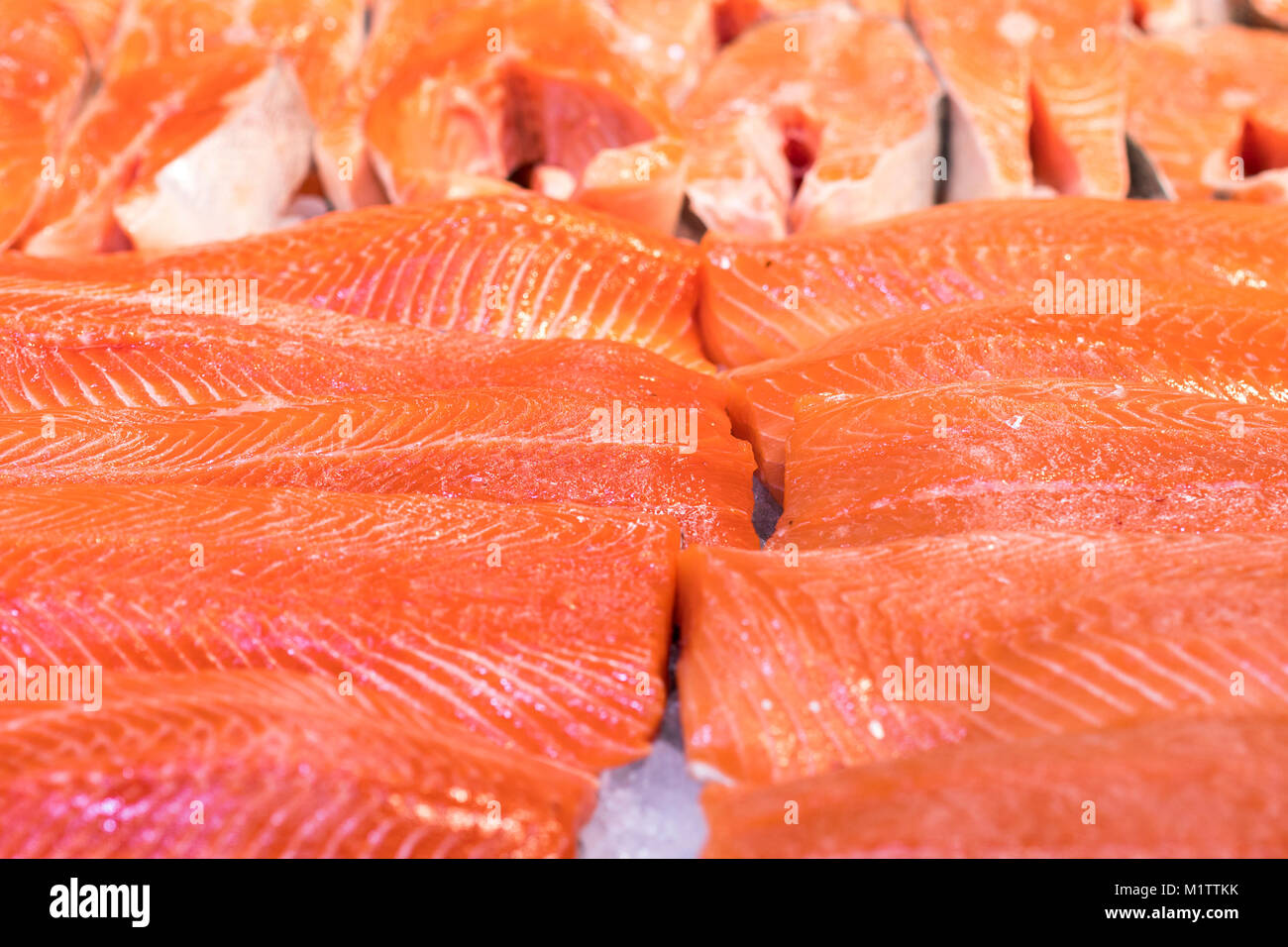 Salmon Fillet in Ice on the supermarket counter Stock Photo - Alamy