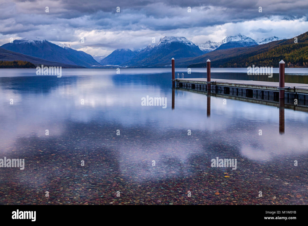 The dock on Lake MacDonald in Glacier National Park in Montana, USA on ...