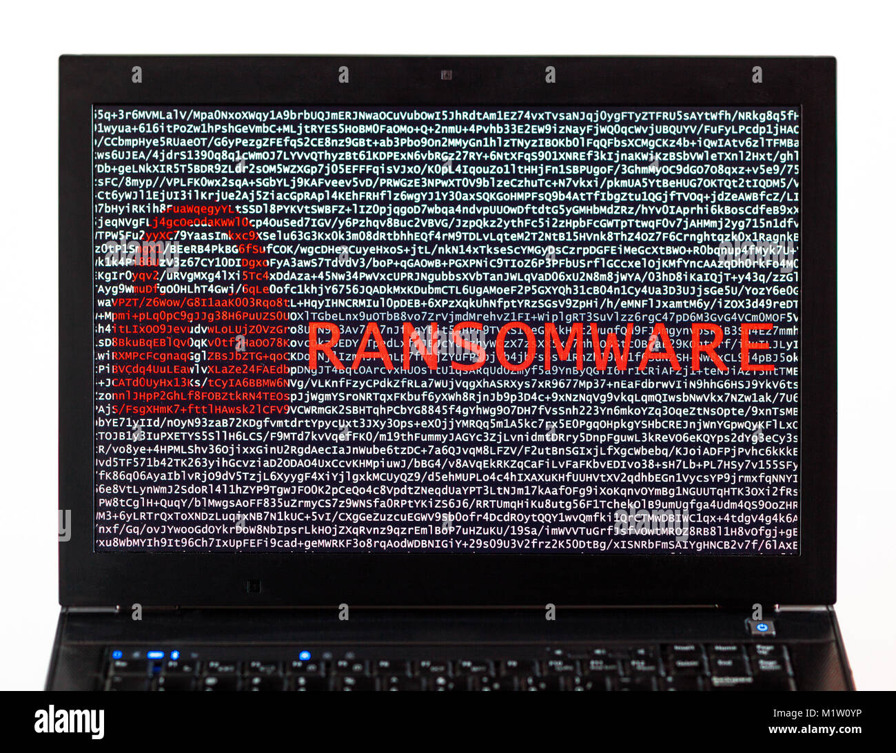 Ransomware text with red lock over encrypted text on a laptop screen ...