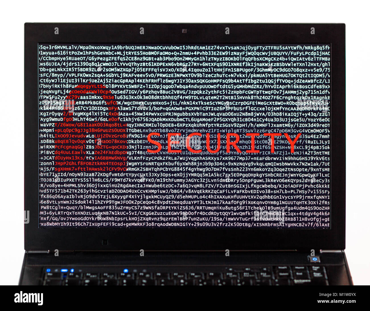 Security text with red lock over encrypted text on a laptop screen ...