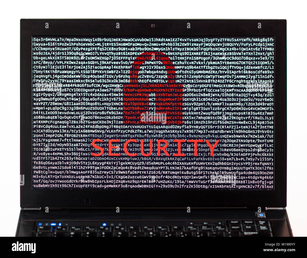 Security text with red lock over encrypted text on a laptop screen ...