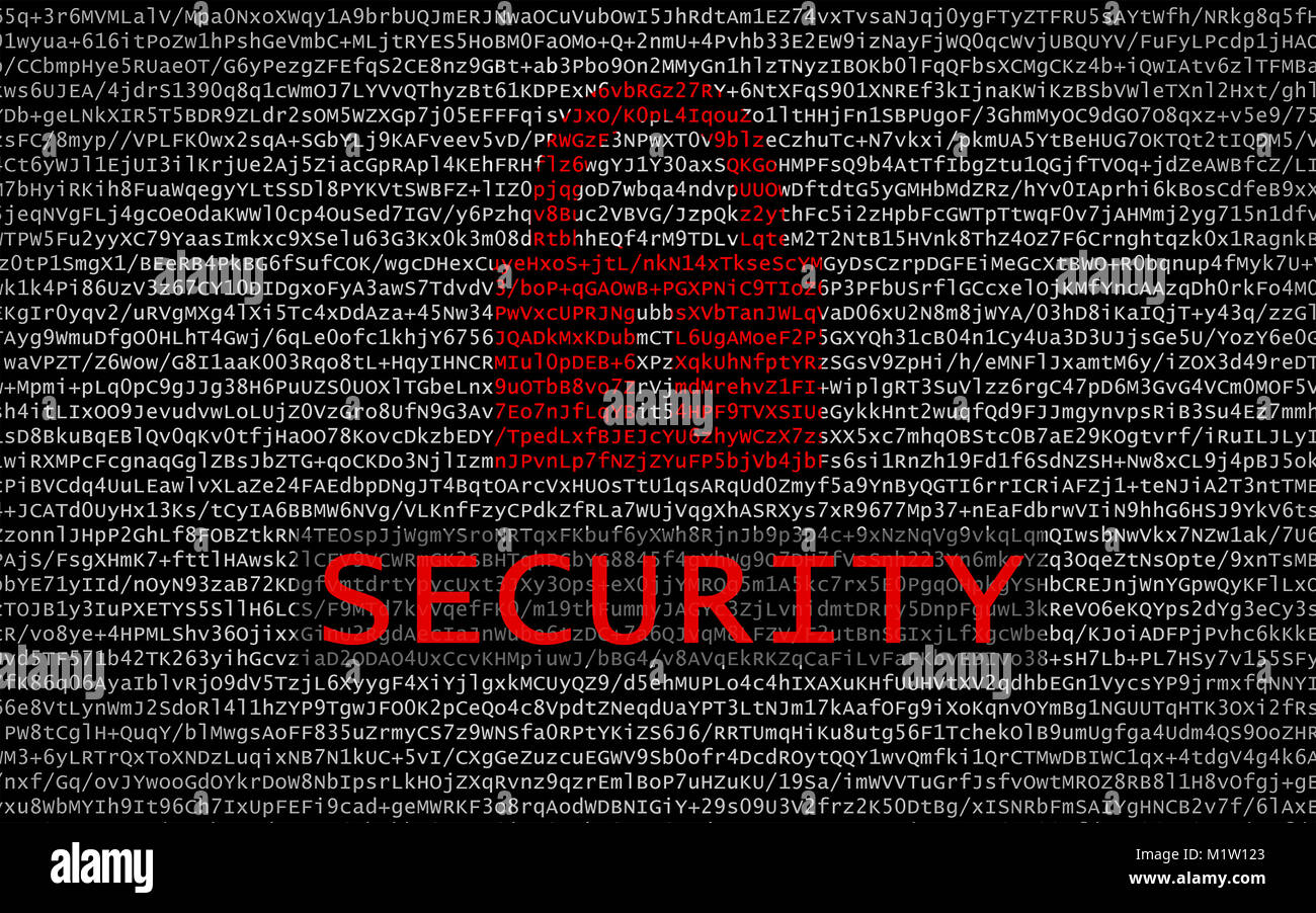 Security text with red lock over encrypted text - cyber crime Stock ...