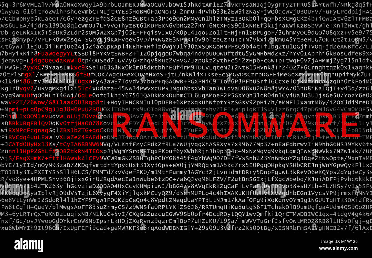 Ransomware text with red lock over encrypted text - cyber crime Stock ...