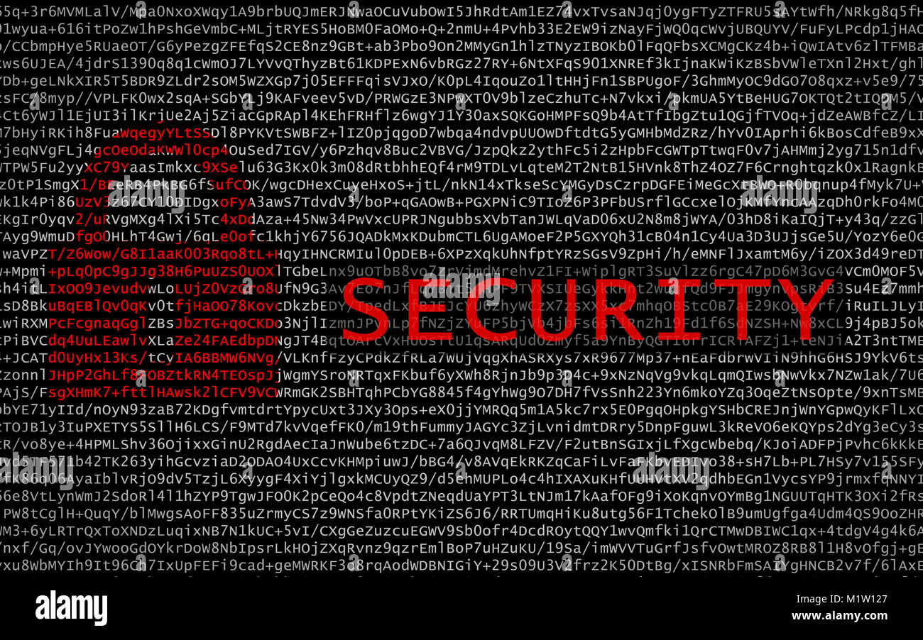 Security text with red lock over encrypted text - cyber crime Stock ...
