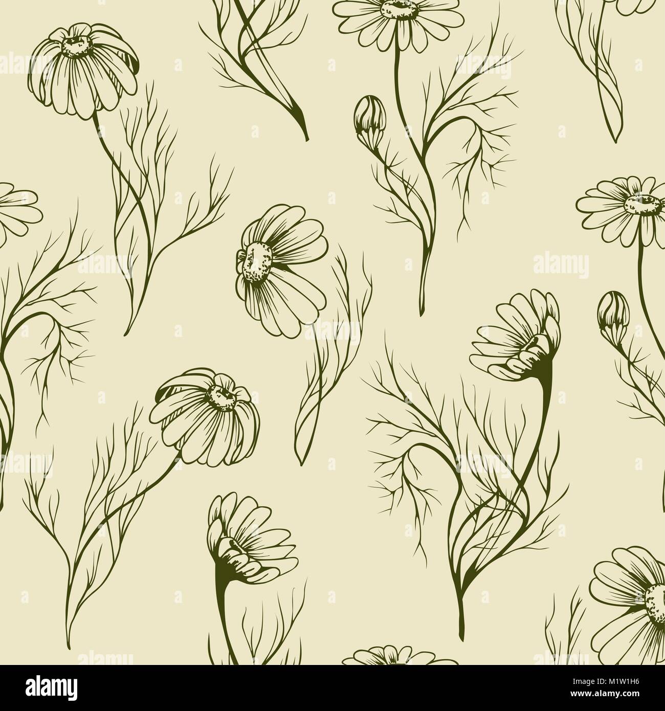 Chamomile flower vector seamlees pattern herbal texture on yellow ...