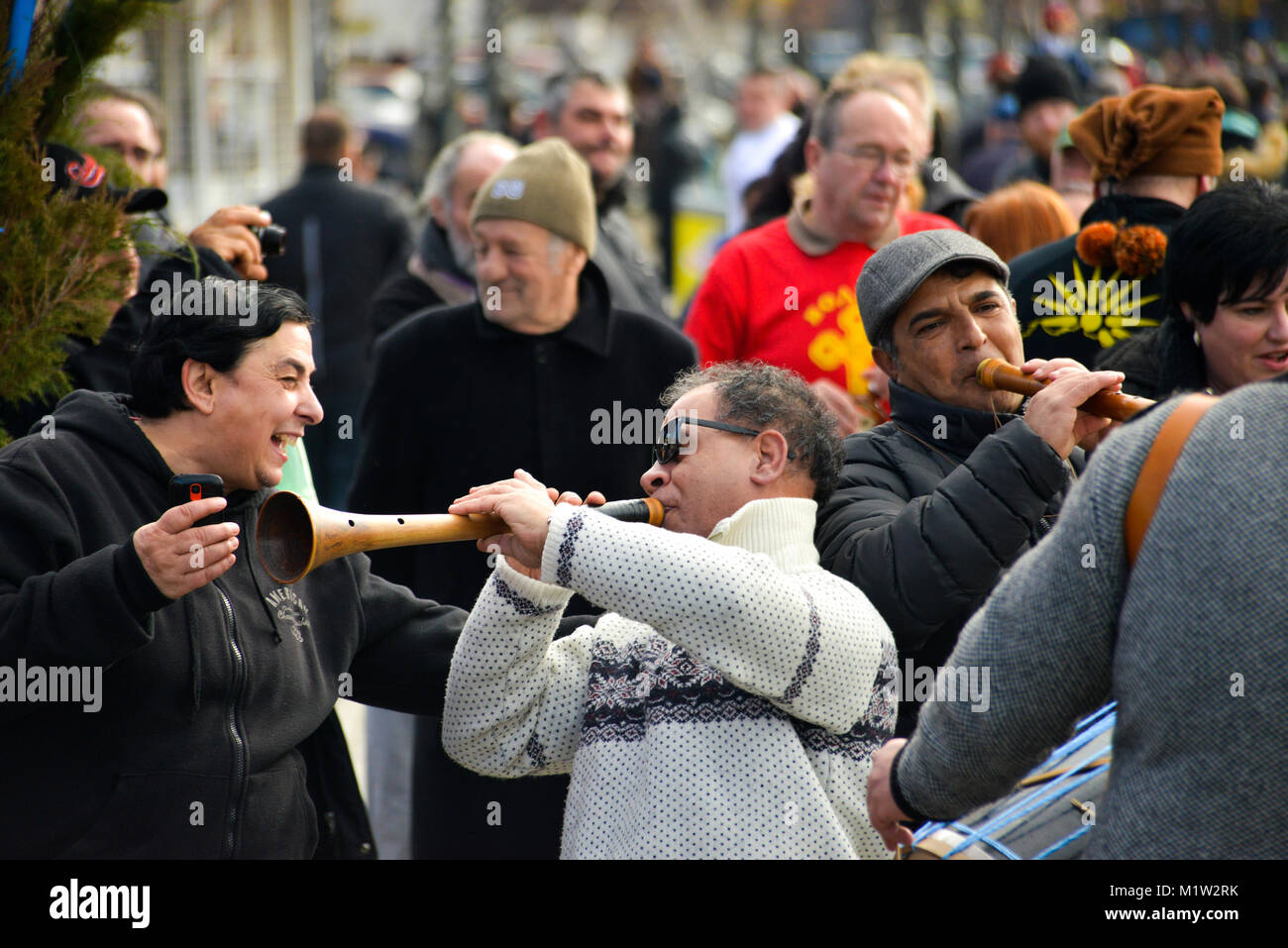 OHRID, MACEDONIA - JANUARY 19, 2017: Musicians playing zurna instrument ...