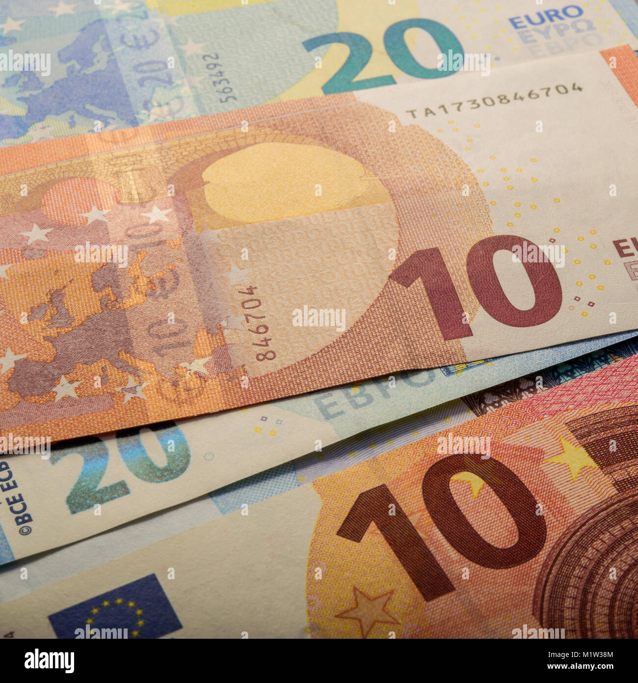 paper euro notes. Ten and twenty euros. Currency of the European Union ...