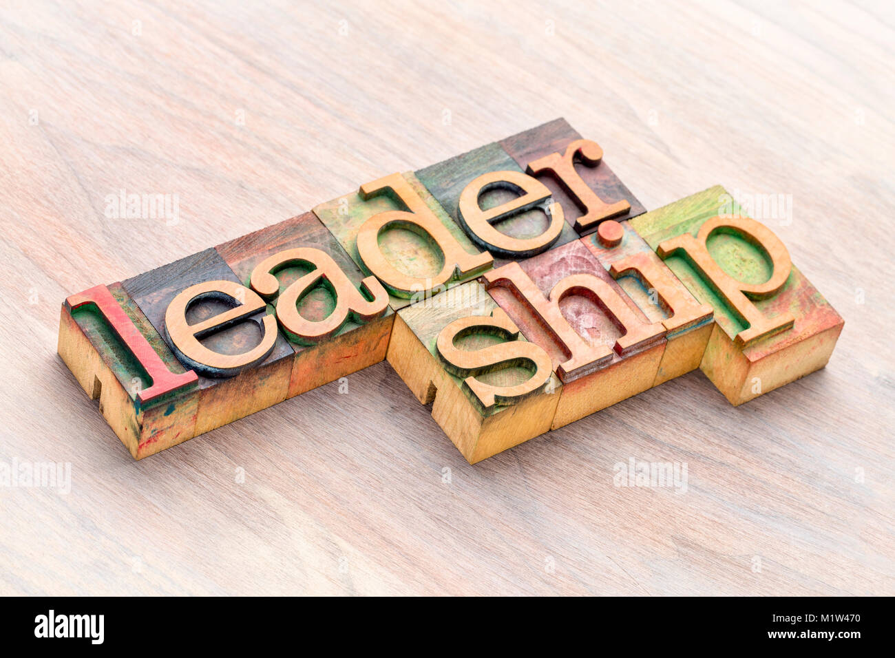 leadership word abstract in letterpress wood printing blocks stained by ...