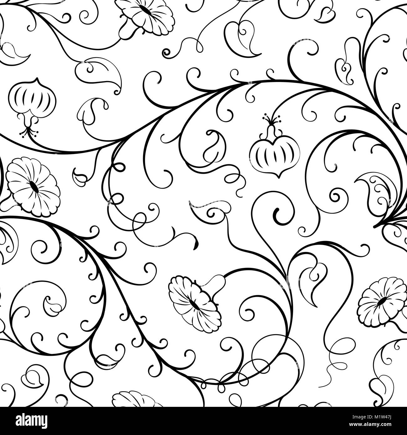 Black and white seamless pattern, curly flowers on white background ...