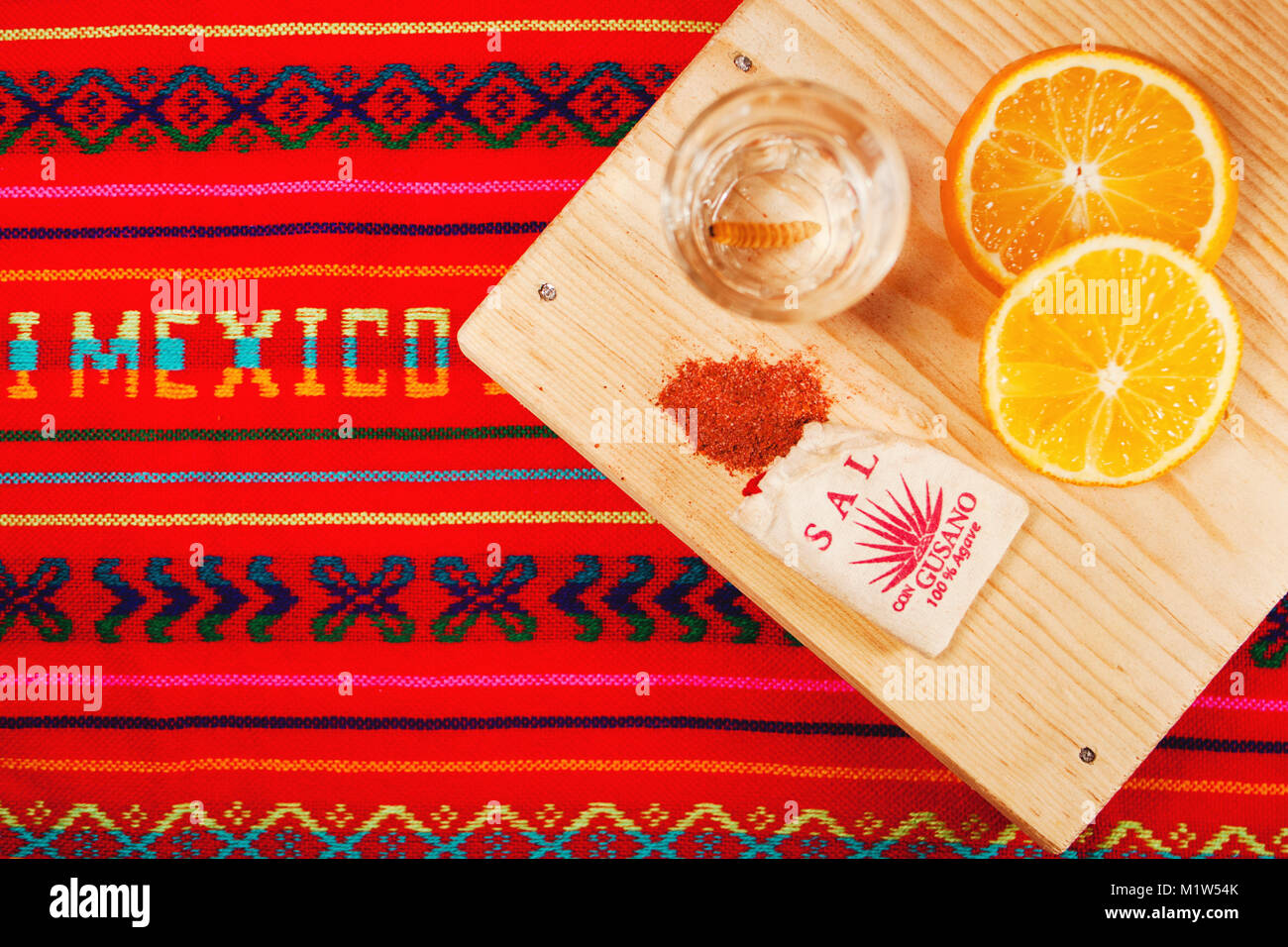 Mezcal mexican drink with orange slices and worm salt in oaxaca mexico ...