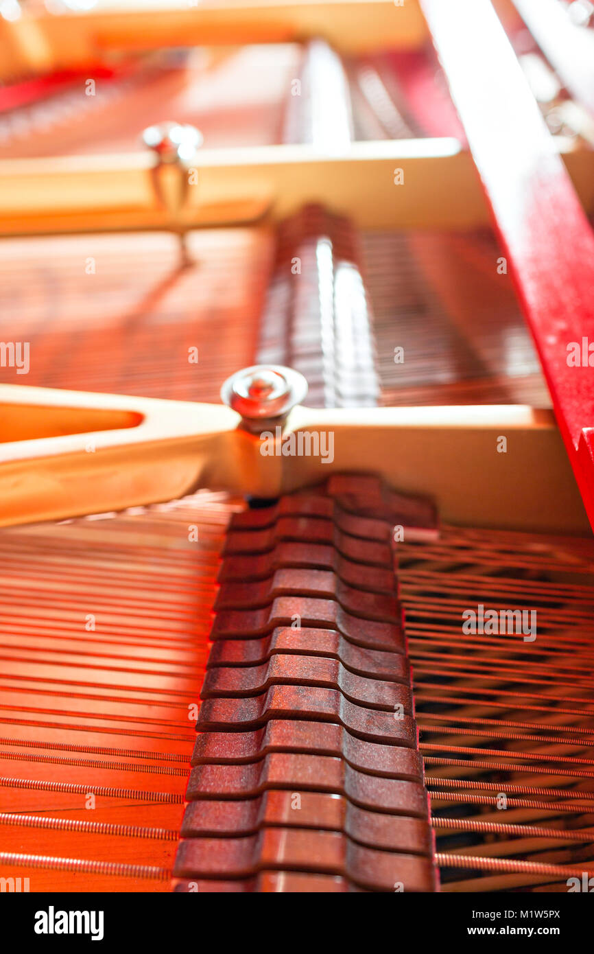 Strings close-up. Vintage red classical grand piano. Musical instrument ...
