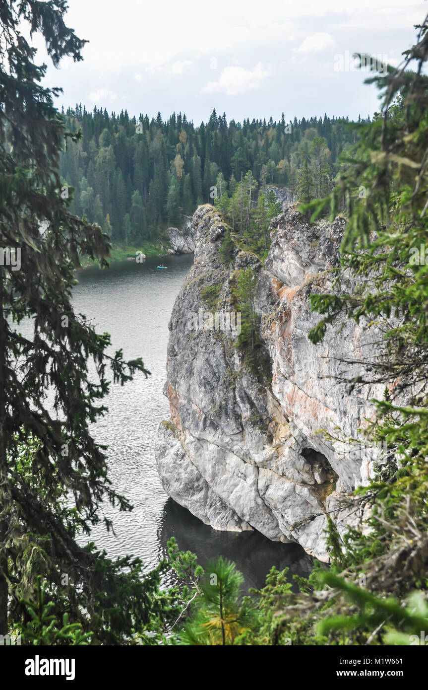 Virgin Komi forests, rocks on the river Shchugor. The object of UNESCO ...