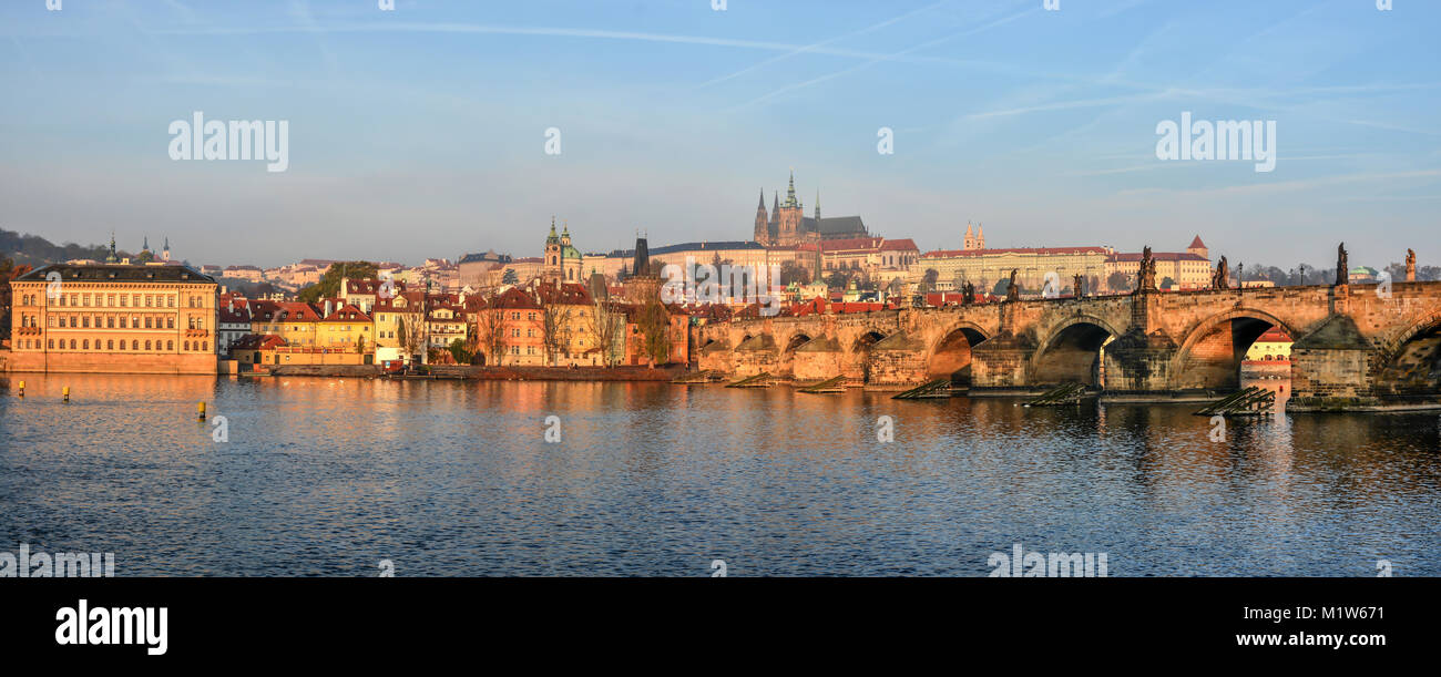 Panorama of the Charles Bridge in Prague. The most famous bridge across ...