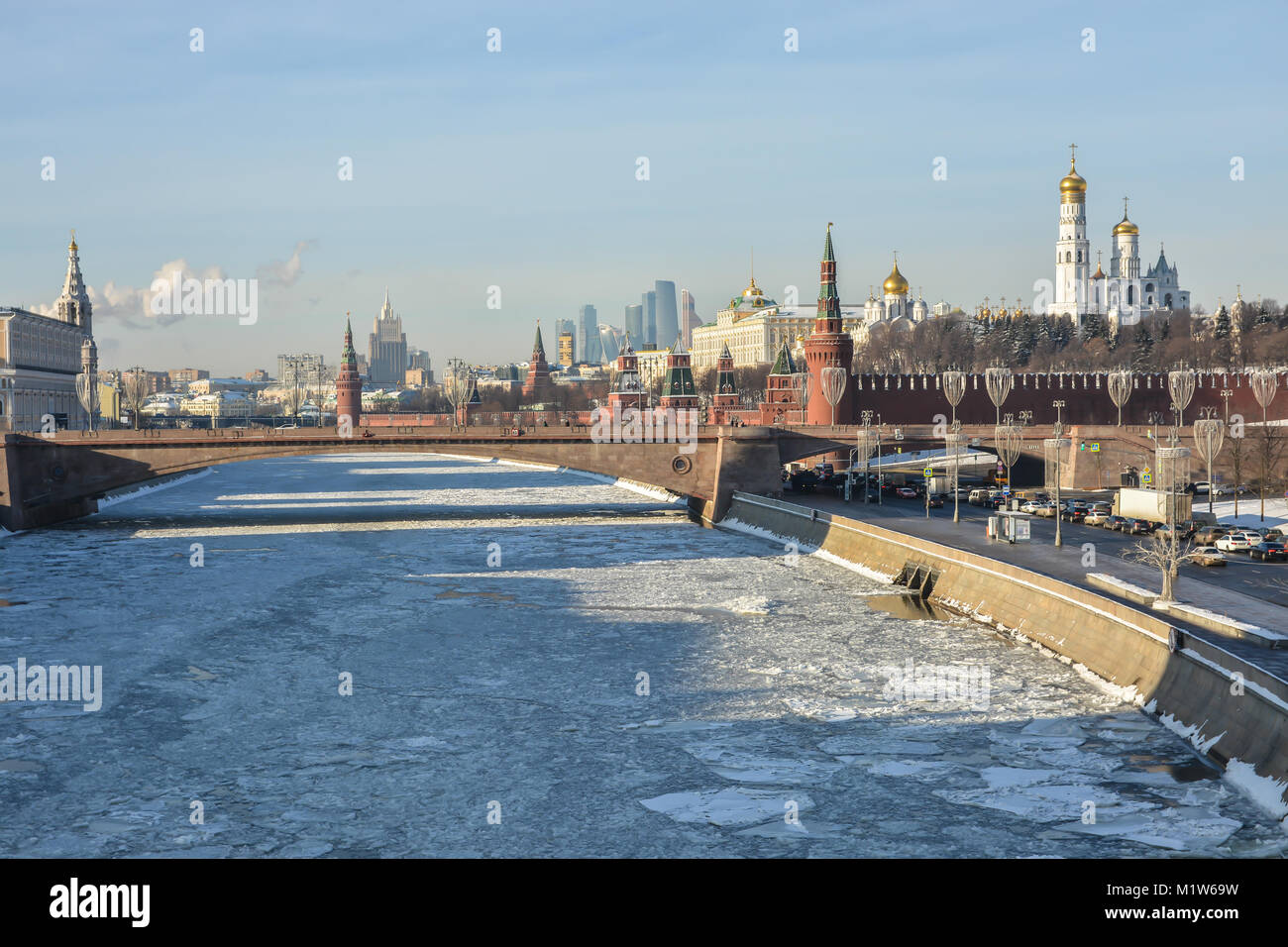 The Moscow Kremlin and the waterfront. Winter landscape of the Russian ...