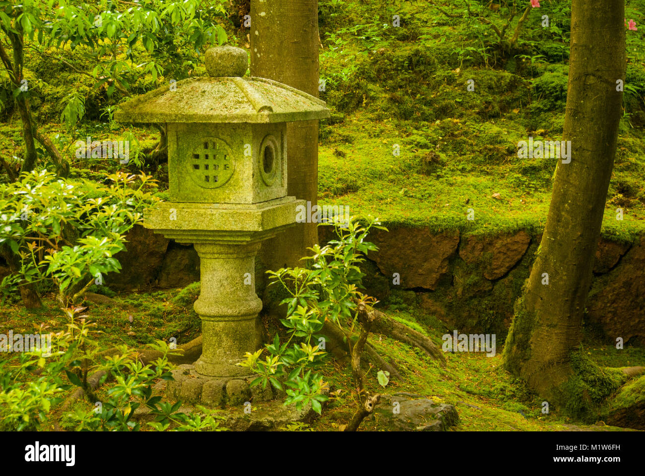 Shinto shrine in mossy green Japanese garden Stock Photo - Alamy