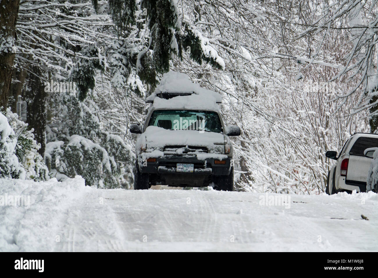 Car traffic on snowy winter Street in Portland Oregon Stock Photo - Alamy