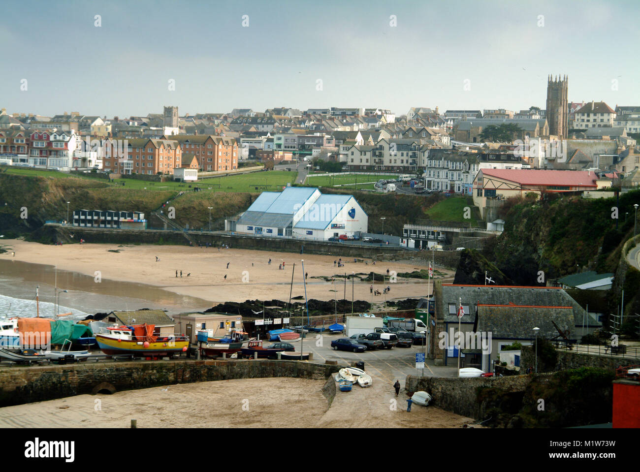 Newquay, Cornwall showing town beaches, Fistral Beach, town, harbour ...