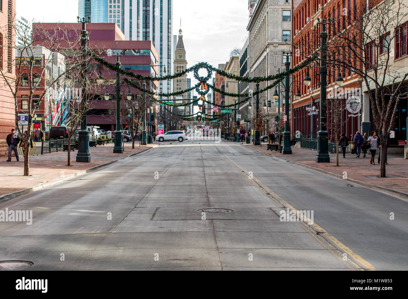 One of the festive looking downtown streets of Denver, Colorado Stock ...