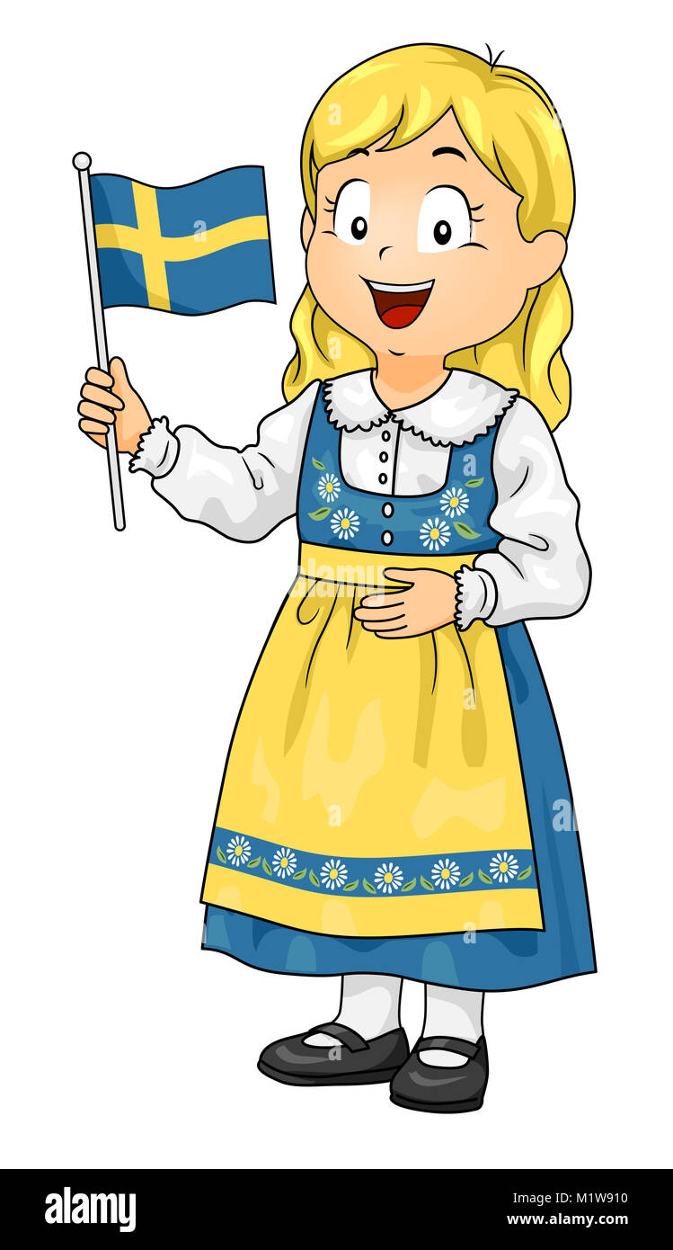 Illustration of a Kid Girl Wearing Sweden National Costume and Holding ...