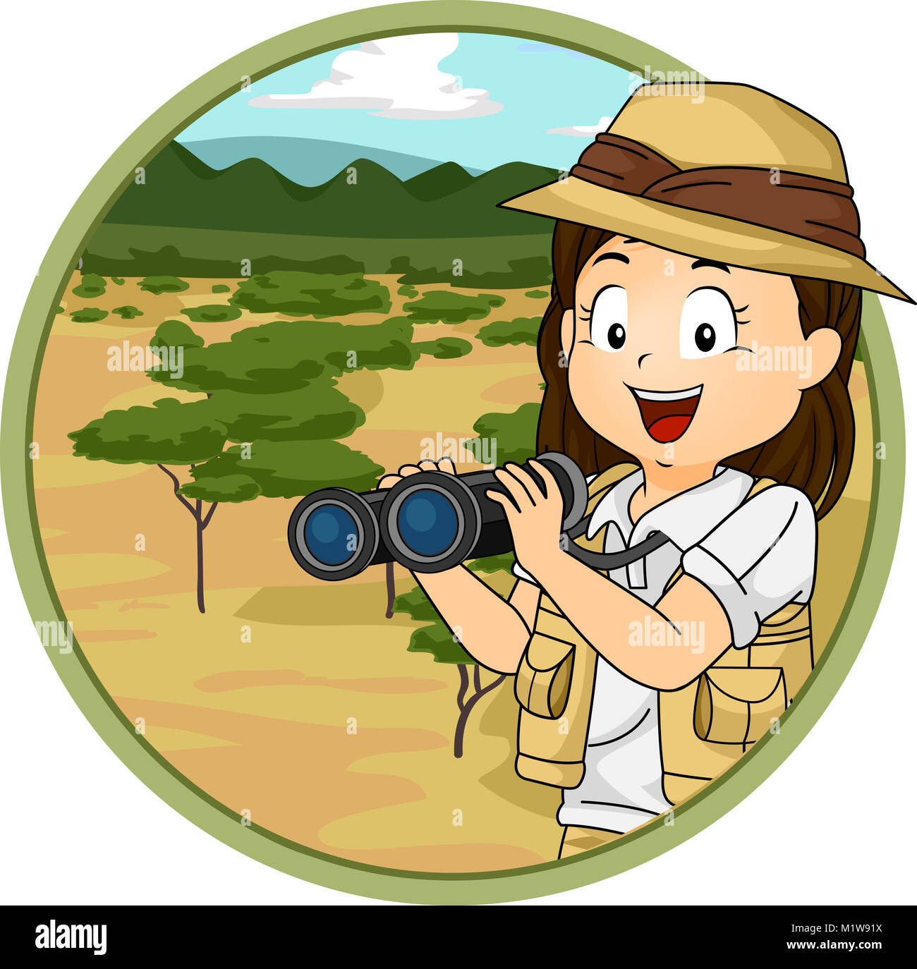 Illustration of a Kid Girl Explorer Holding a Binoculars Overlooking ...