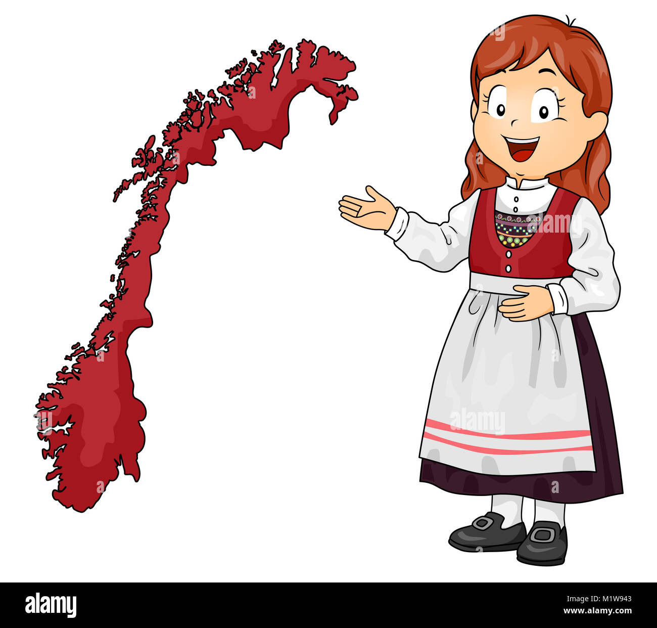Illustration of a Kid Girl Wearing a Norwegian National Costume Presenting the Map of Norway ...