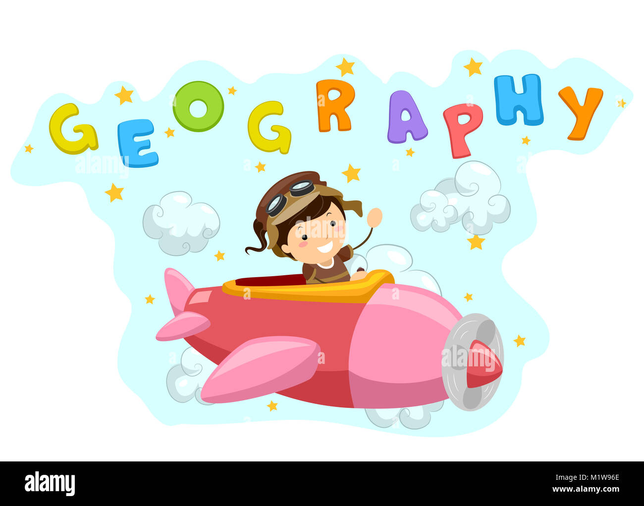 Illustration of a Kid Girl Flying a Plane with Geography Lettering ...