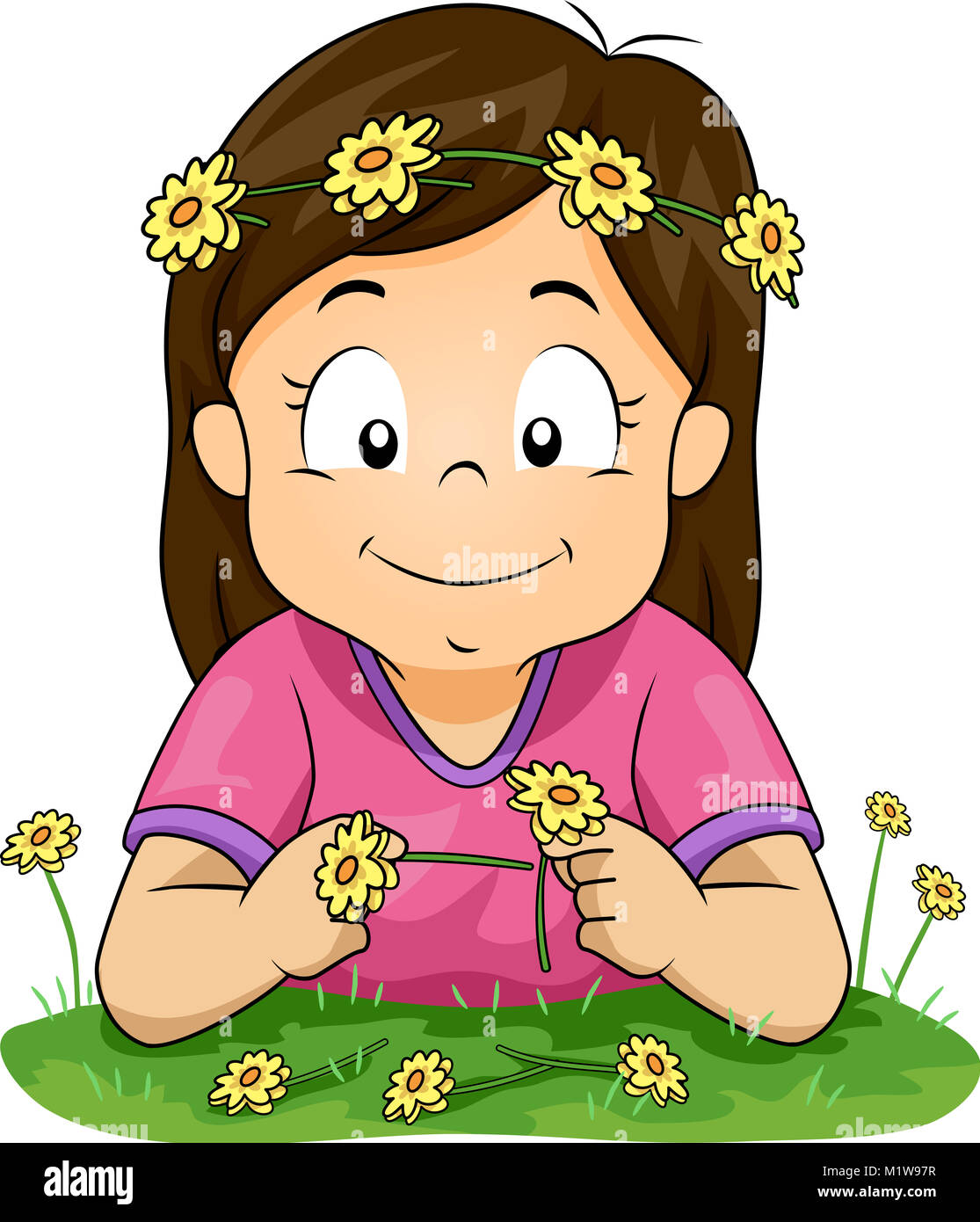 Colorful Illustration Featuring a Little Girl With a Flower Wreath ...
