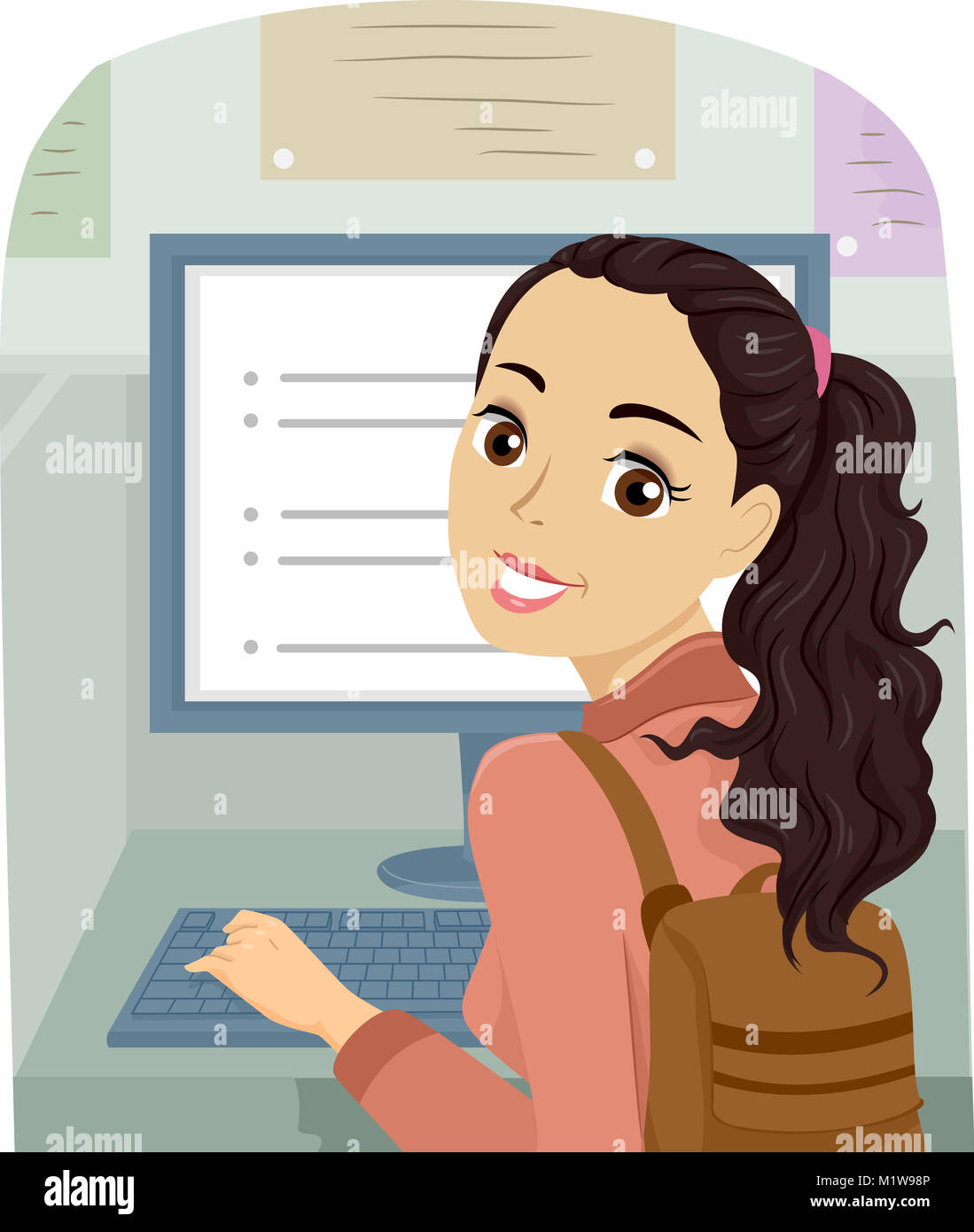 Illustration Featuring a Teenage Girl Using a Desktop Computer in the ...