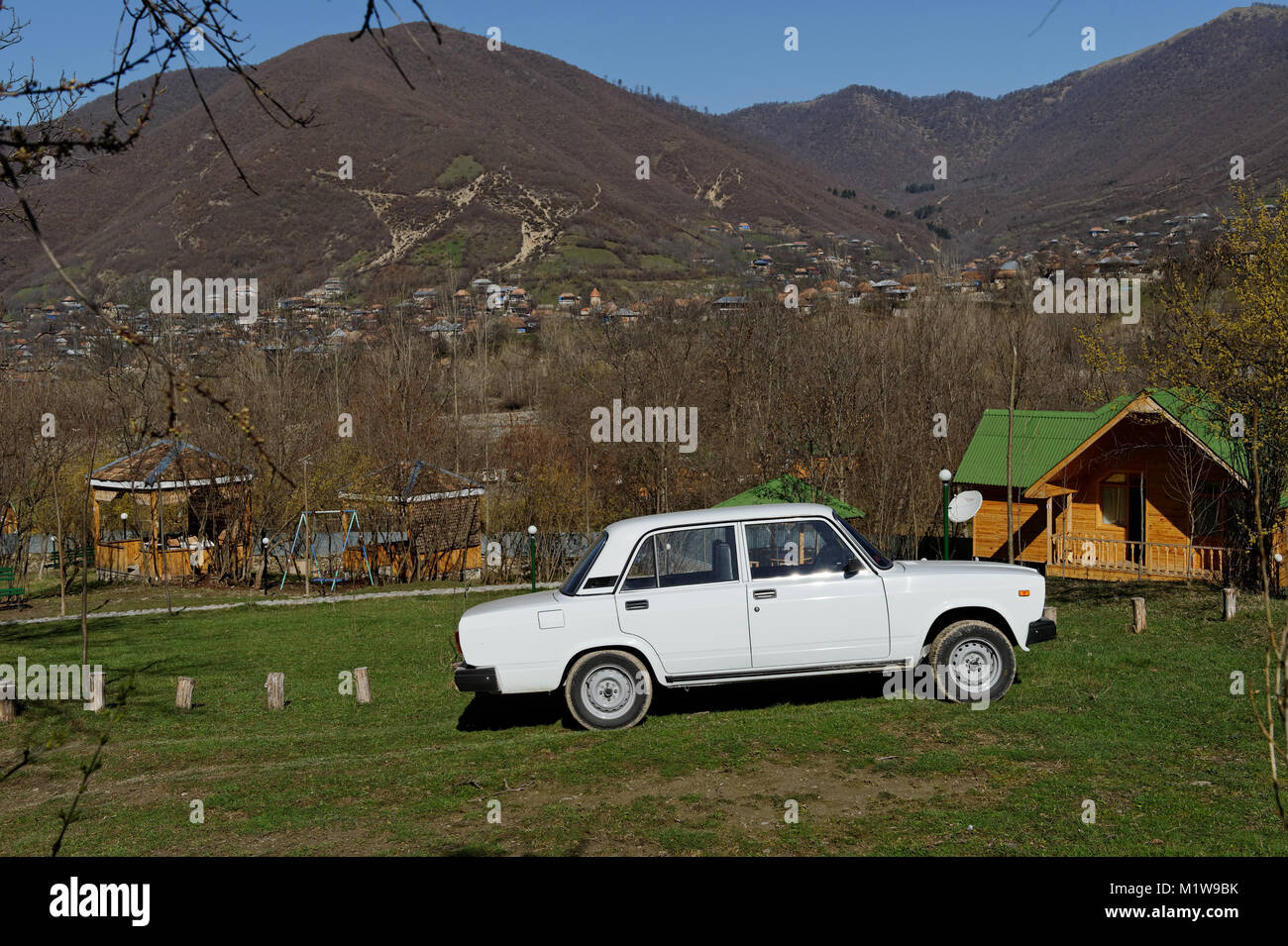 A white Lada car seen at a holiday resort near Kish, Azerbaijan, 2010 ...