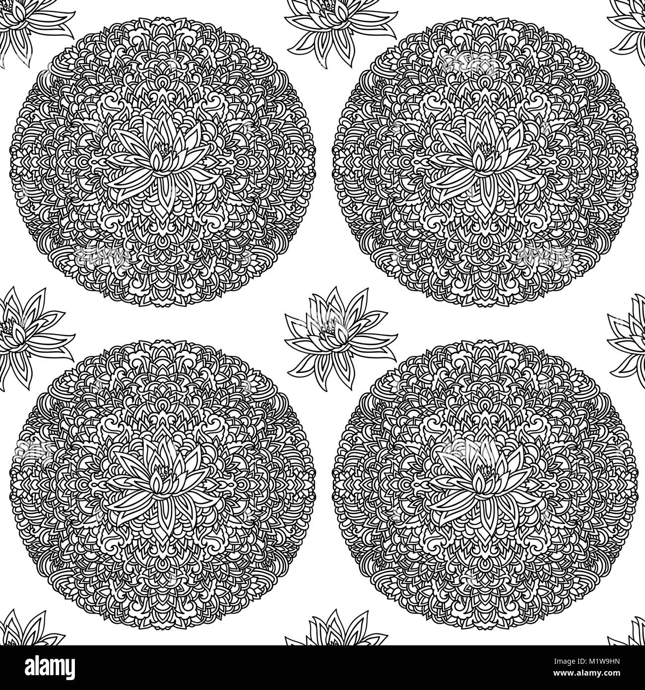 Black and white seamless pattern with lotus flowers. Mandala background ...