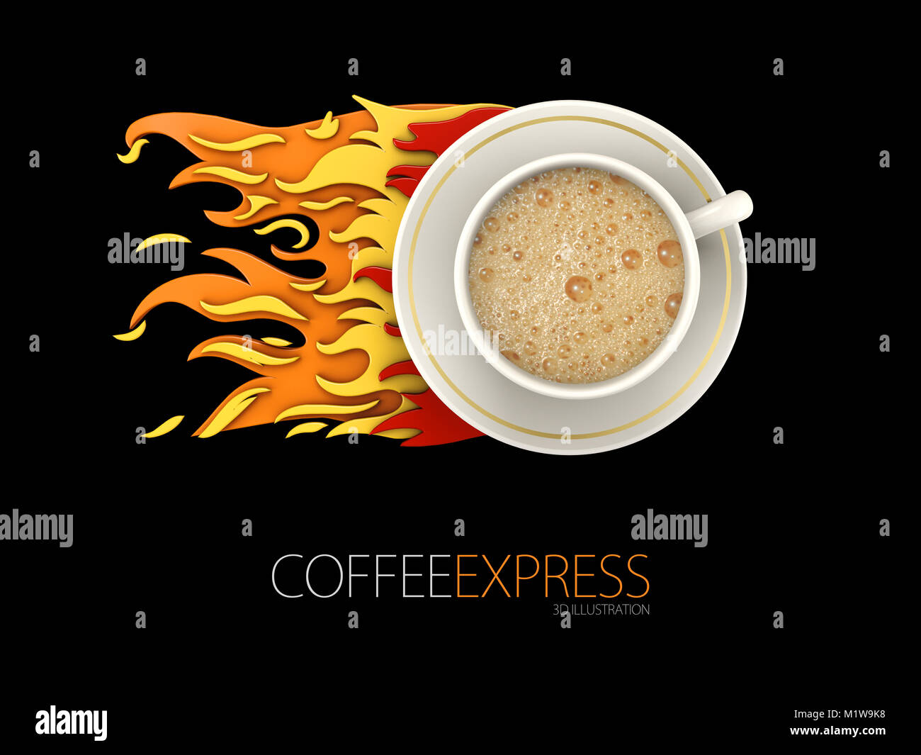 3d Illustration of coffee cup with flame on the back, coffee time ...